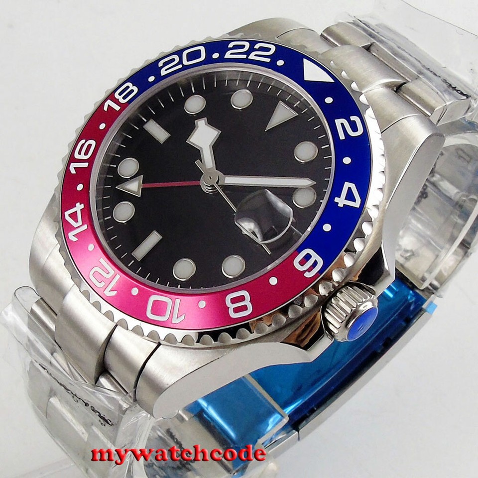 40mm Black Dial GMT Red Blue Bezel Sapphire Glass NH34A Automatic Mens ...