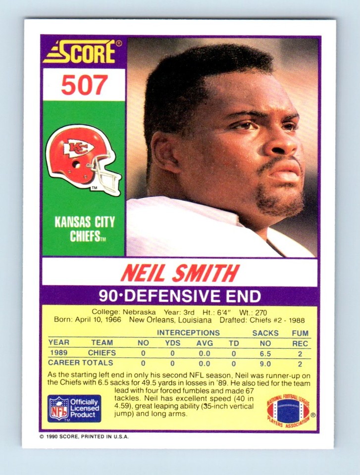 1990 Score Neil Smith Kansas City Chiefs #507 | eBay