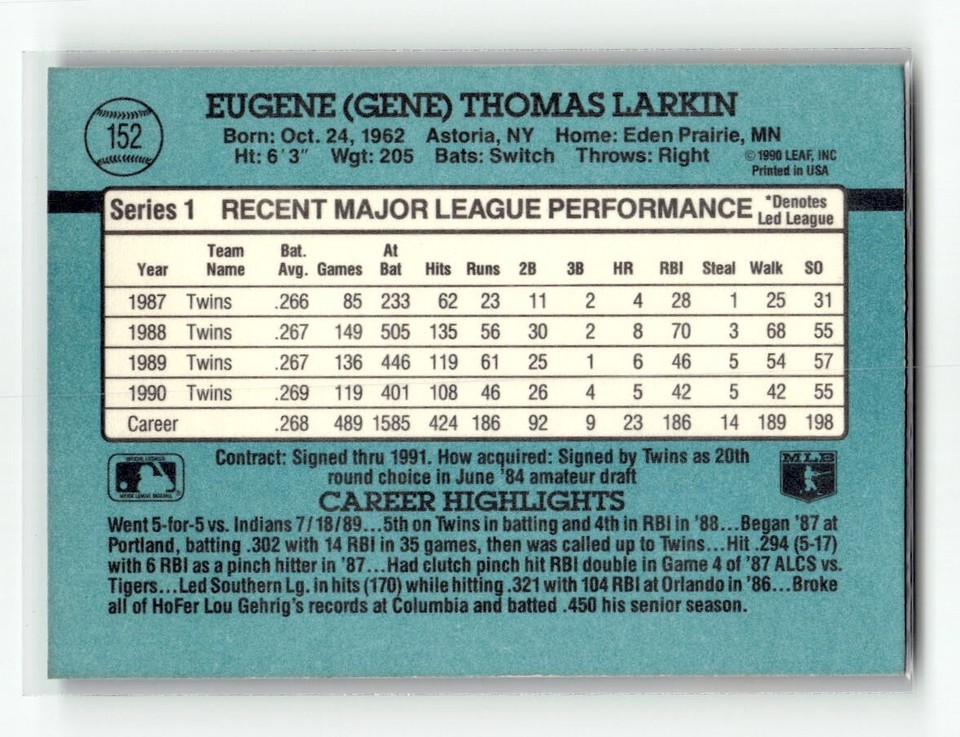 1991 Donruss Gene Larkin Minnesota Twins Baseball Card #152 | eBay