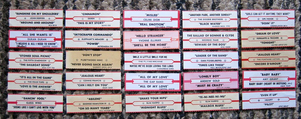 LARGE LOT OF 166 ORIGINAL JUKEBOX STAR TITLE STRIPS - mostly 60's - 70 ...