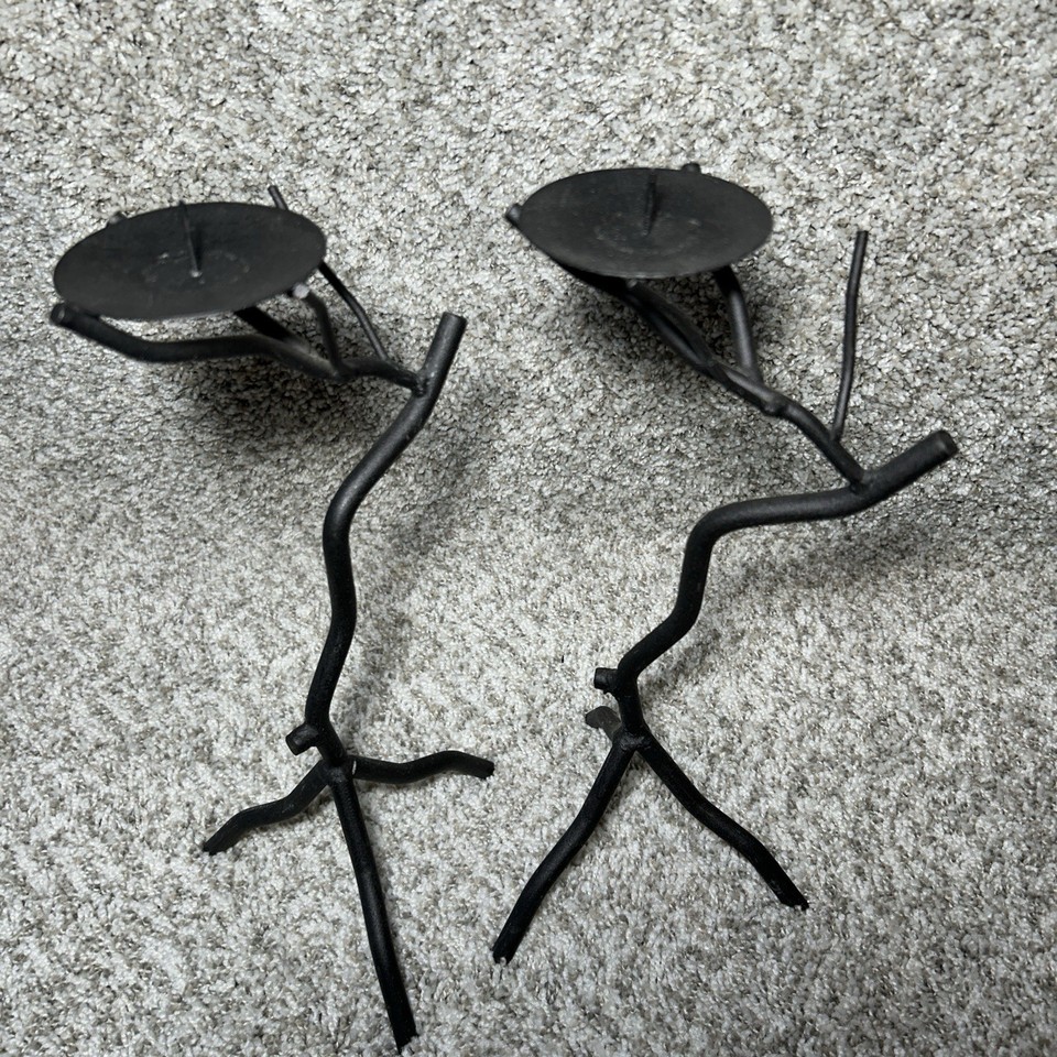 Wrought Iron Twigs Tree Branch Pilar Candle Stands Brown Metal 13" Set ...