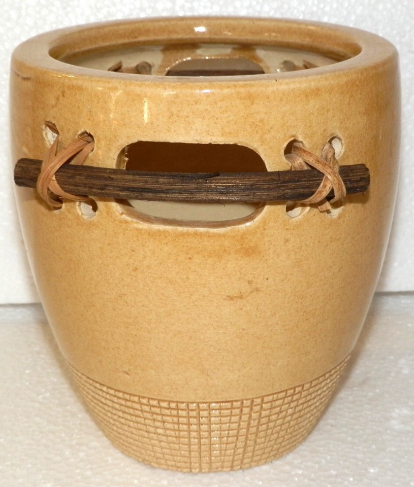 Norcal Pottery Rustic Vase Wooden Handles Brown Checker Base 5.75" | eBay