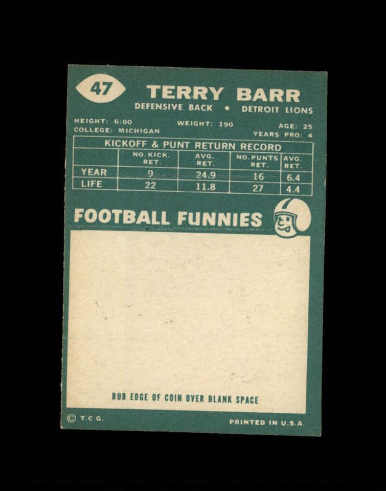 1960 Topps Football #047 Terry Barr STARX 5 EX CS75357 | eBay