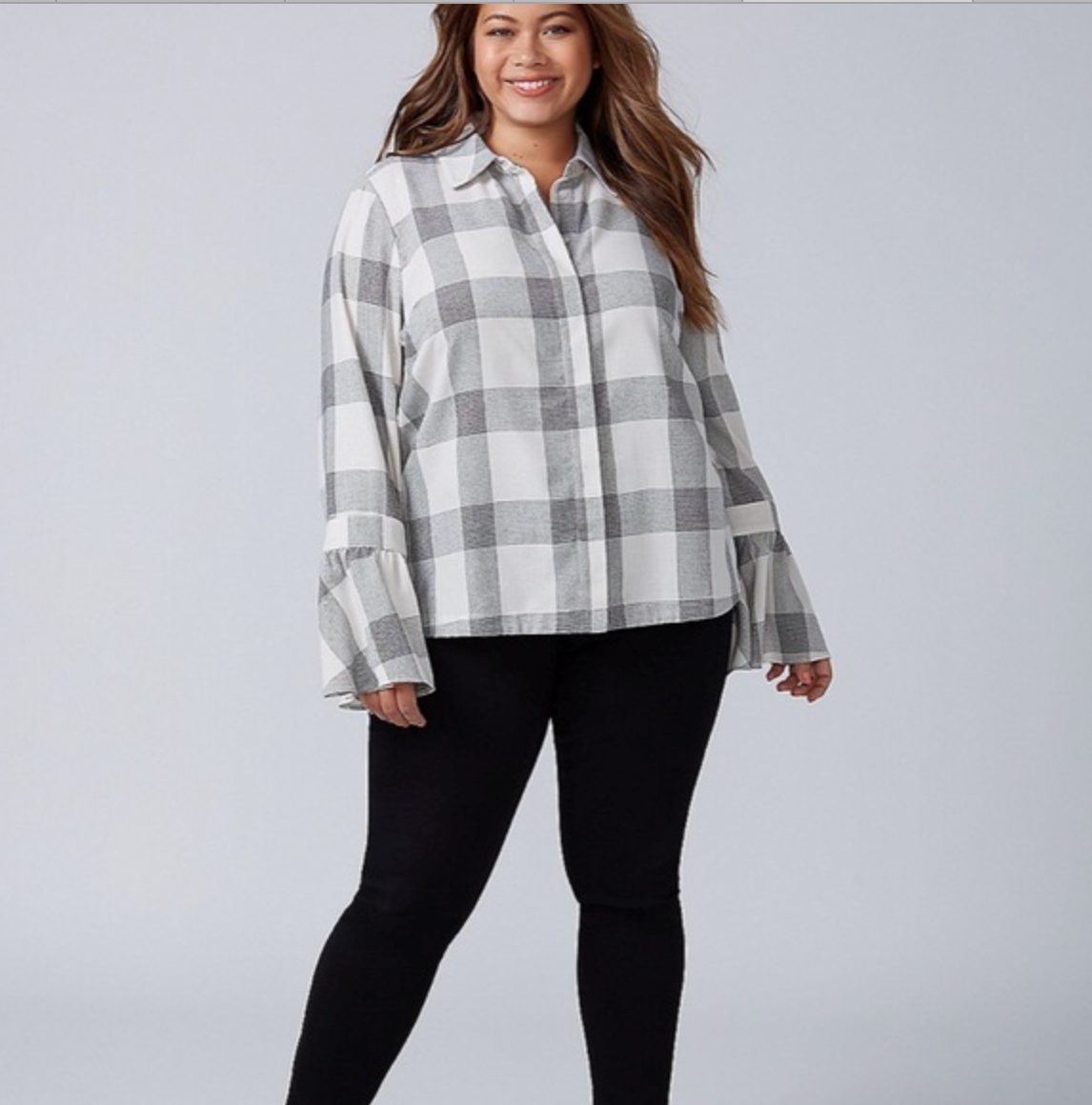 Lane Bryant Plus 20-22-24-28 Bell Sleeve Button Sown Shirt Gray Plaid ...