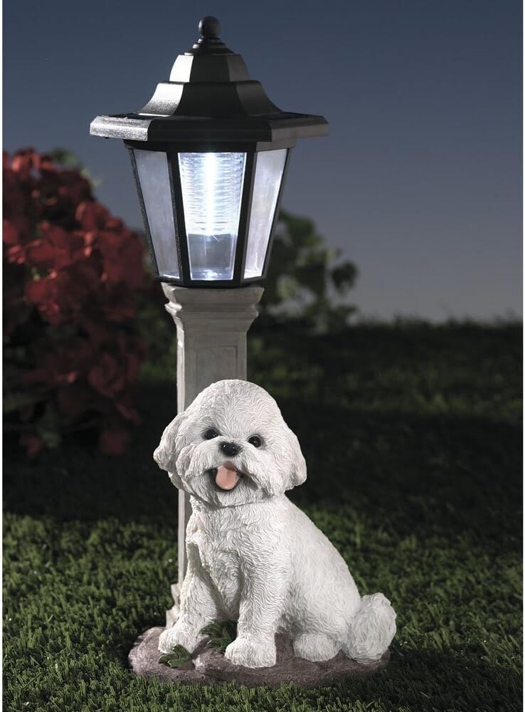 Solar Lighted Lamp Post Realistic BICHON Dog Garden Sculpture Outdoor ...