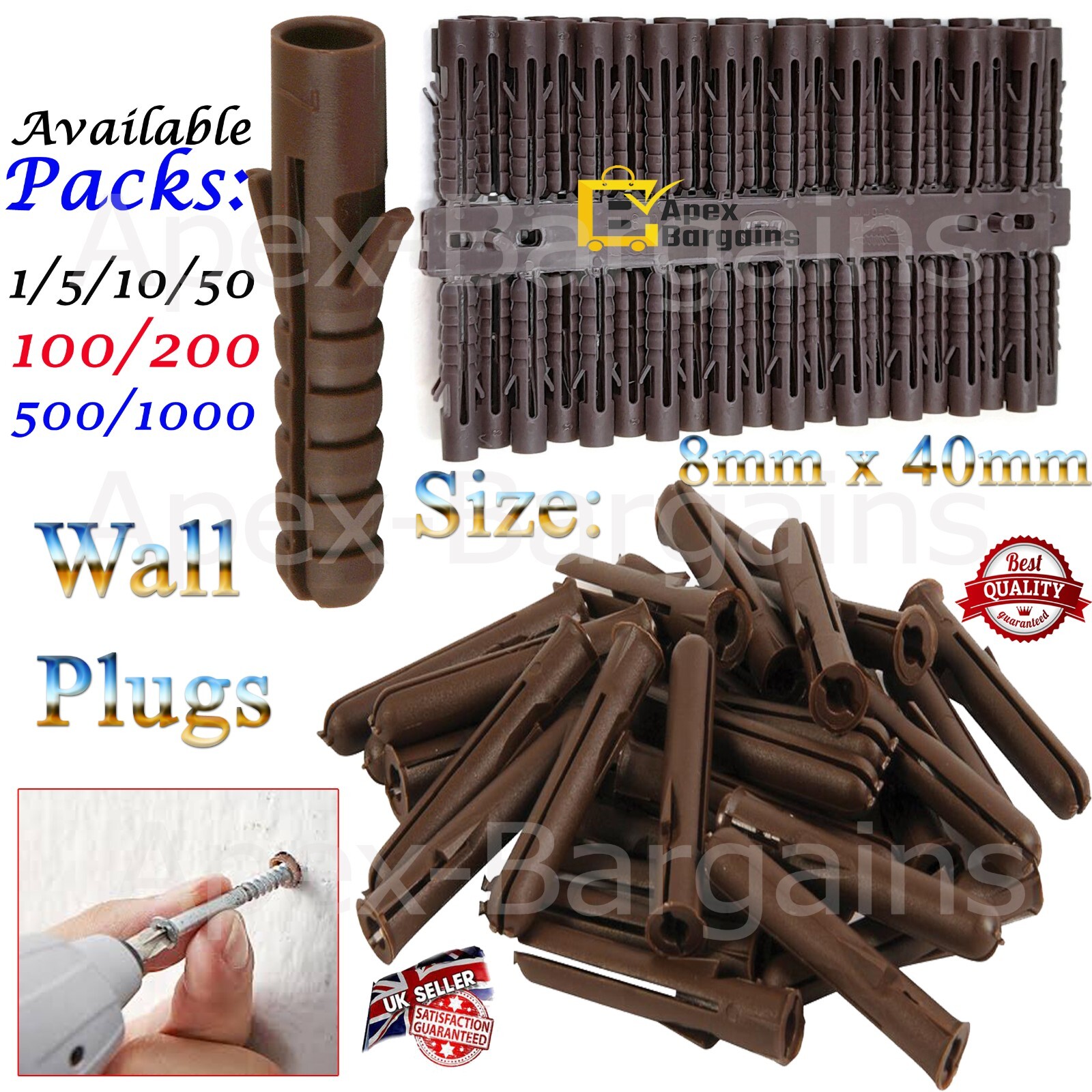 10/1000x Wall Fixing Plugs Screws Concrete Raw Brick Stone Plasterboard ...