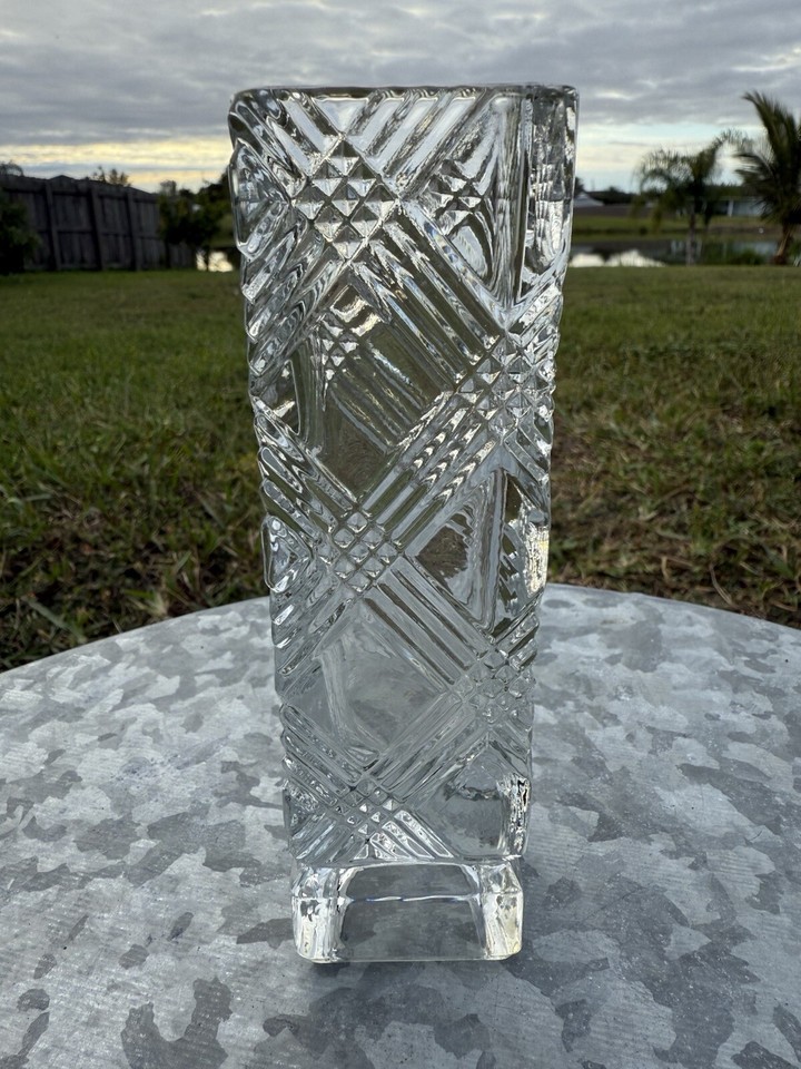 VTG Avon 1980 Fostoria Clear Glass Square Bud Vase Criss Cross Pattern ...