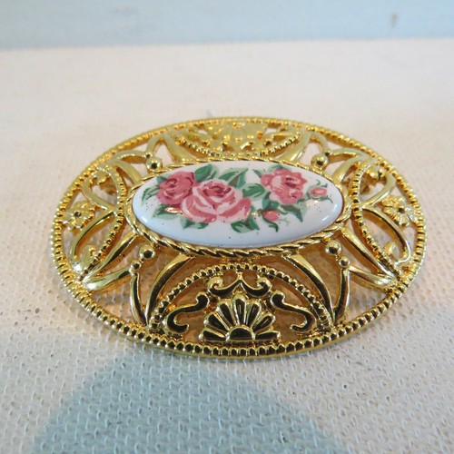VTG Oval Avon GOLD TONE brooch/pin~Pink ROSES | eBay