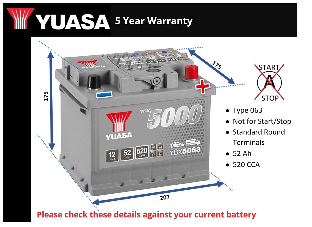 Car Battery YBX5063 Yuasa 063 520A 52Ah 5Yr WTY 207x175x175 Silver High ...