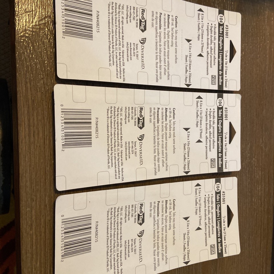 3 Pak Redi-Tag Side-Mount Self-Stick Plastic Index Tabs 1-10 1 inch 312 ...