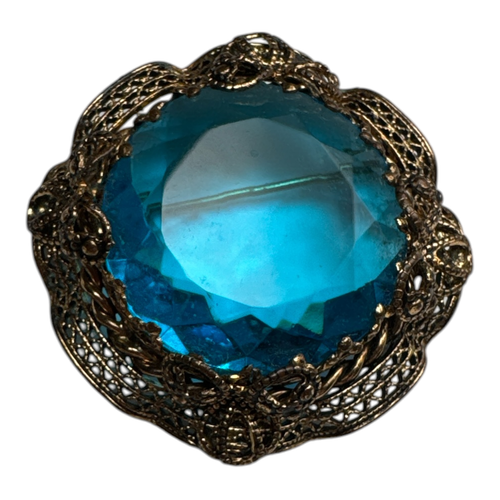 Vintage Blue Rhinestone Filigree Domed Brooch Pin Prong Layered Scroll ...