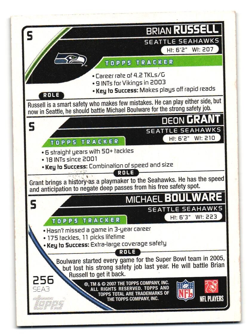 2007 Topps Total - #256 Michael Boulware, Deon Grant, Brian Russell for ...
