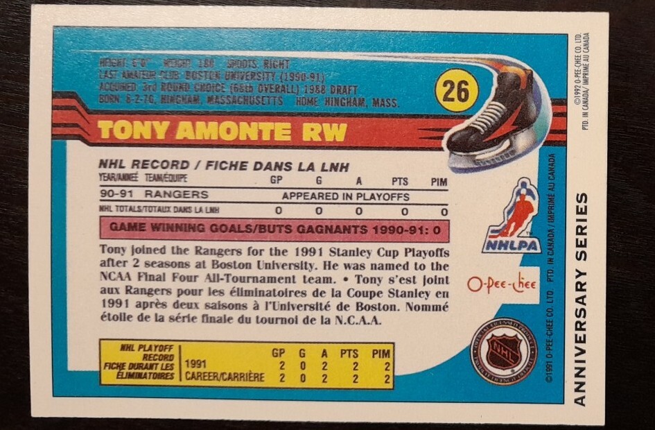 1992 O-Pee-Chee Tony Amonte Anniversary Series RC Reprint #26 Hockey ...