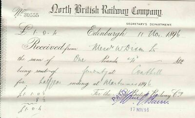 North British Railway Company Edinburgh 1896 Coathill 1/2 Yr Paid ...
