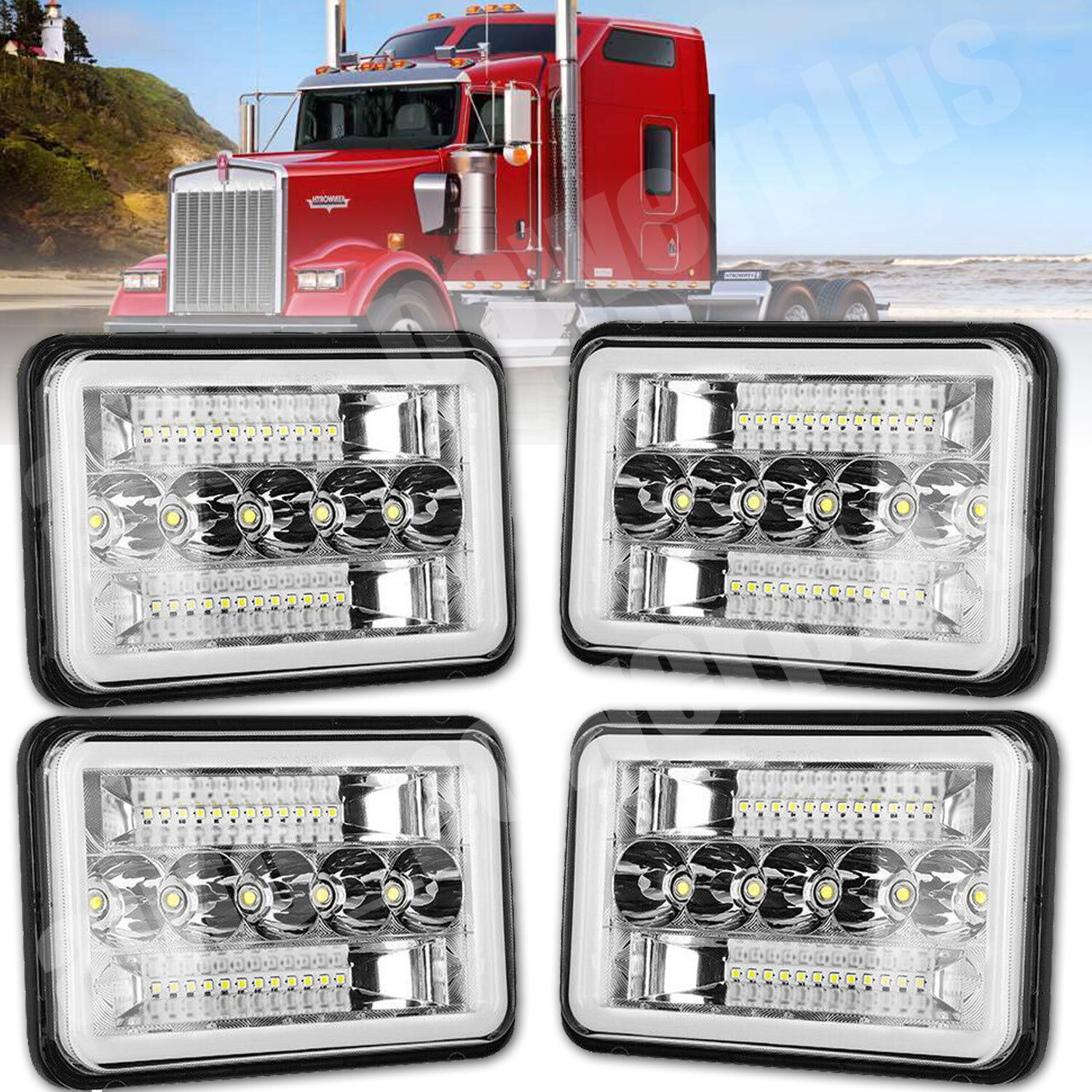 For Peterbilt Kenworth T800 W900 4x6" inch Led Headlights Hi-Lo Sealed ...