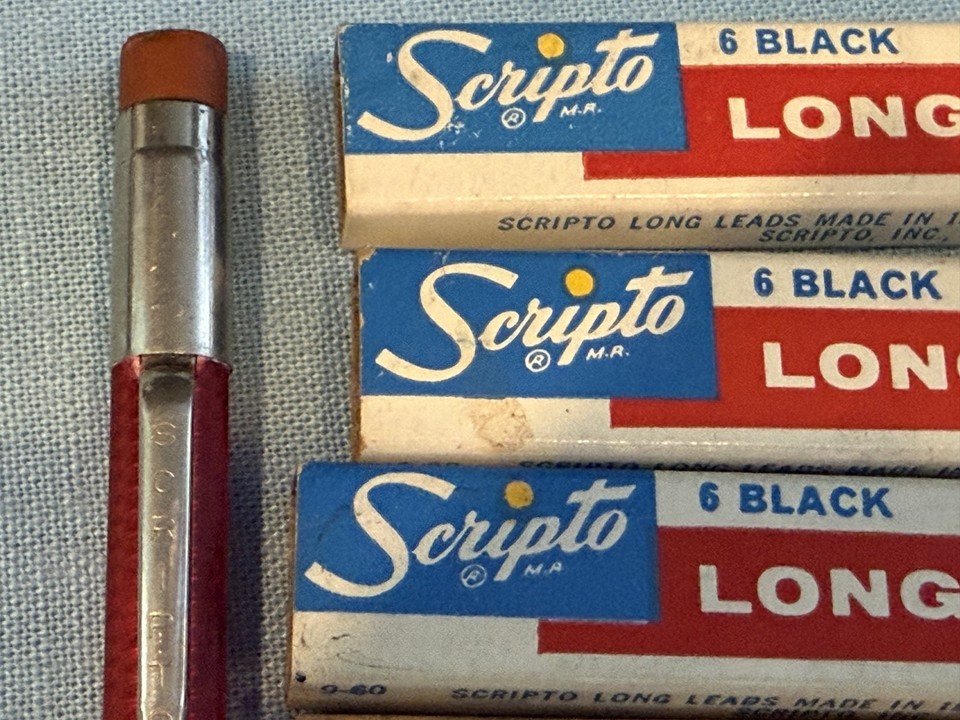 VINTAGE SCRIPTO RED TRANSLUCENT MECHANICAL + 3 FULL BOXES OF 6 EACH ...