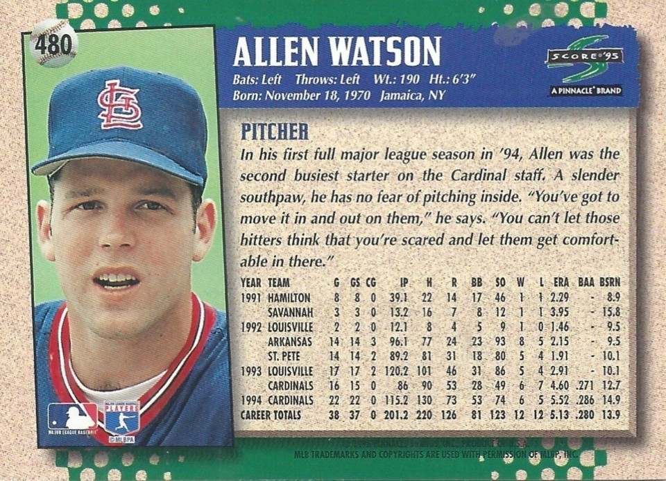 1995 Score Allen Watson 480 Cardinals | eBay
