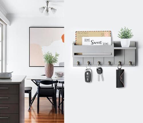 Key Holder Wall Mount - Decorative Key Rack and Mail M(12''x4.8'') Gray ...