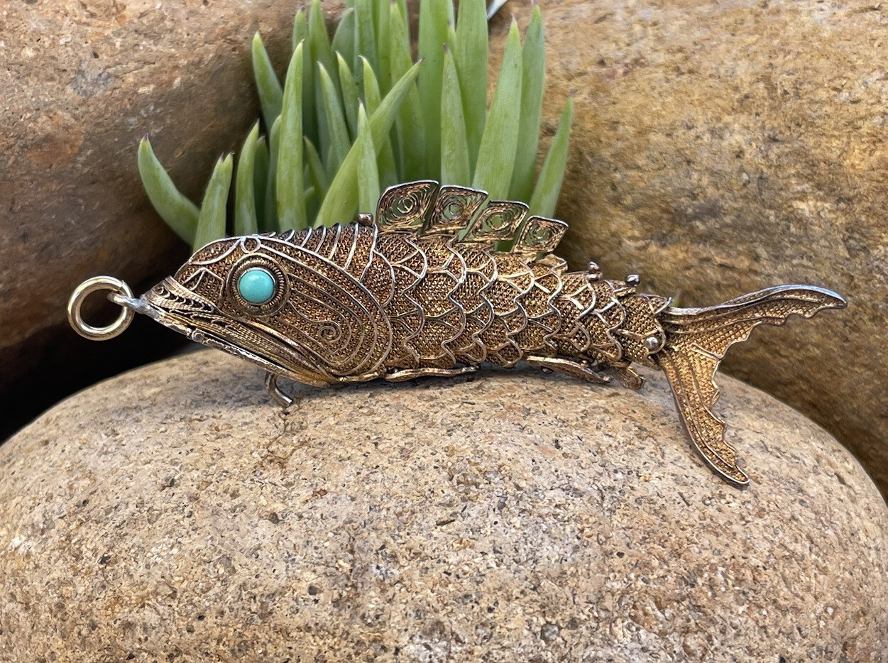 Antique Gold Wash .925 Sterling Silver Articulating Fish Locket w ...