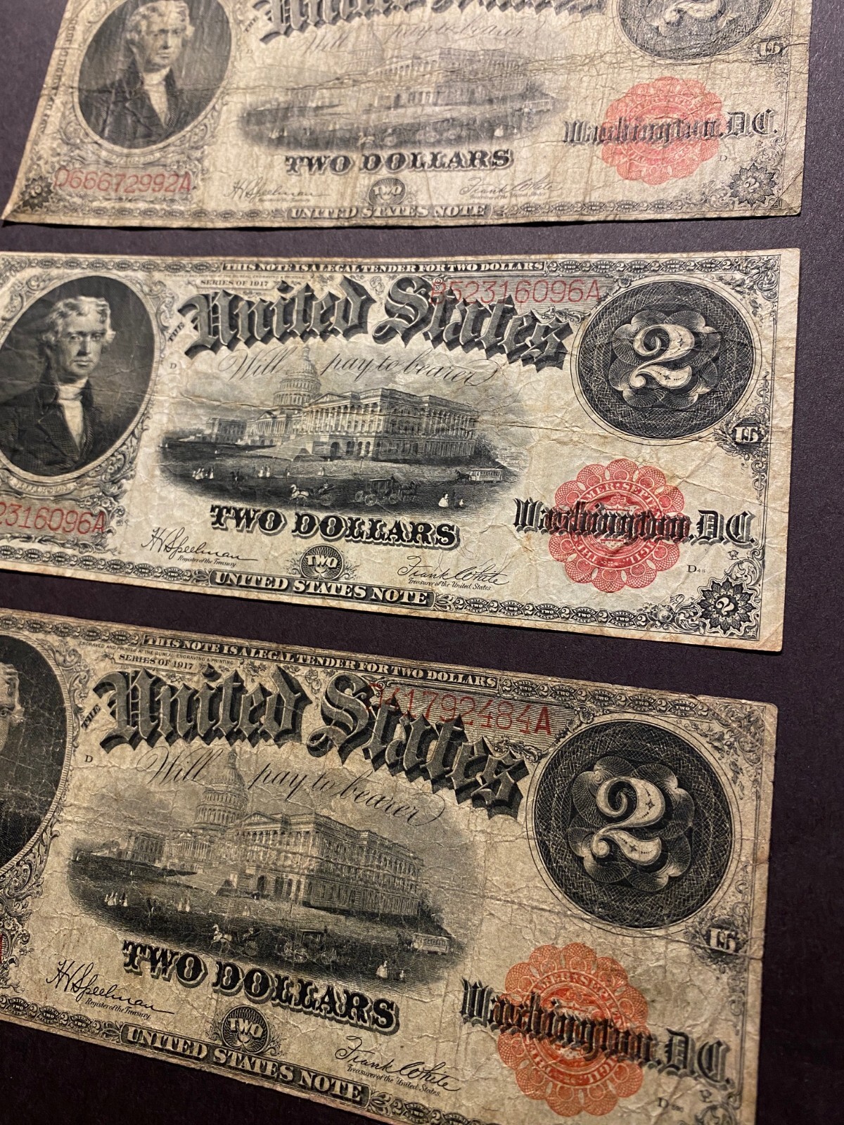 1917 $2 Two Dollar Note Red Seal Large Size Legal Tender Estate Lot ...