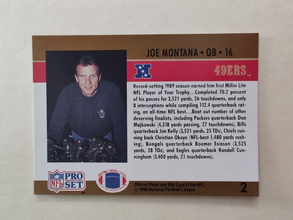 JOE MONTANA San Francisco 49ers 1990 PRO SET NFL POY FOOTBALL CARD #2 ...