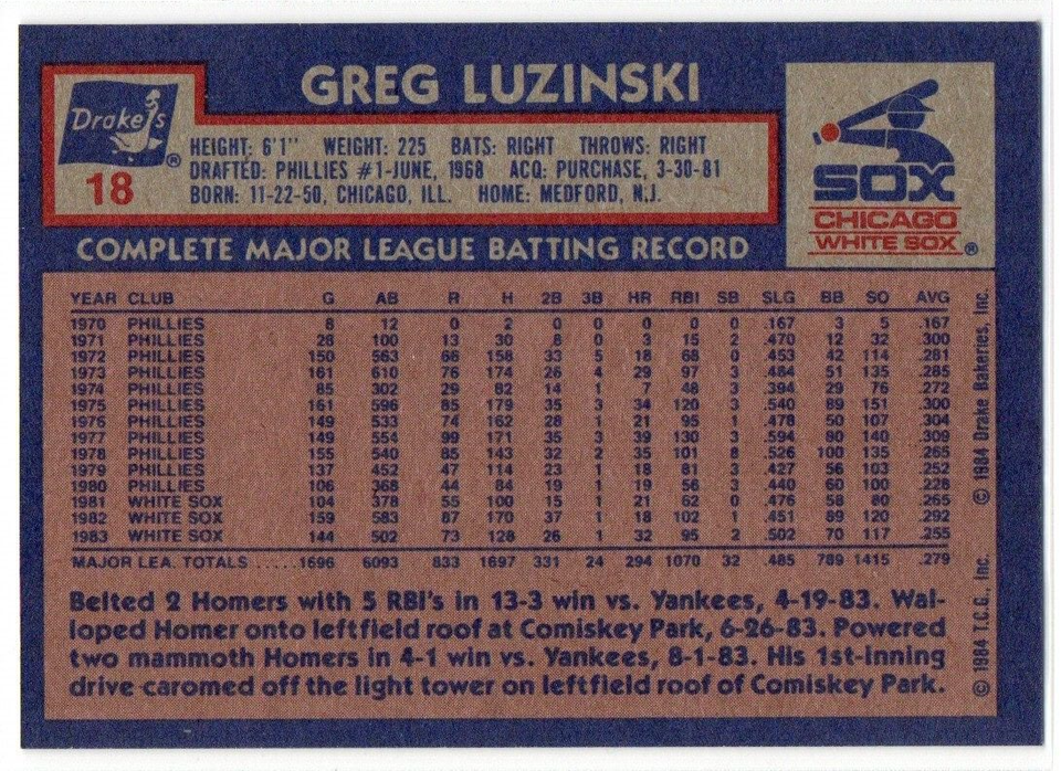 Greg Luzinski 1984 Topps Drake's Big Hitters #18 Chicago White Sox #4 | eBay