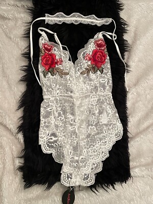 M Sexy SHEER Bodysuit Teddy w/ Choker White Floral Lace Avidlove Red ...