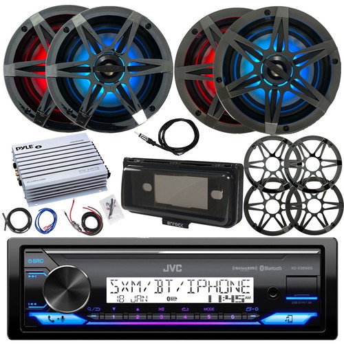 JVC Marine Receiver, 4x 6.5" LED Speakers, 8x Grilles, Amp w/Kit, Cover ...