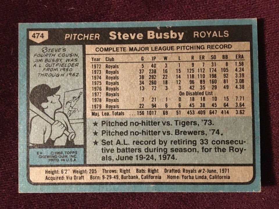 1980 Topps #474 Royals Steve Busby Baseball Card | eBay