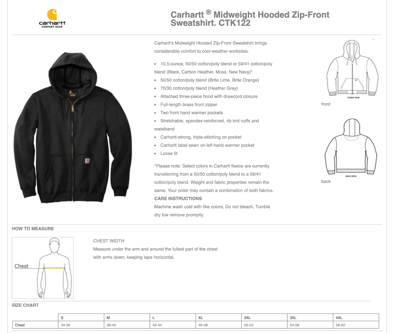 Carhartt Mid-weight Hooded Zip Front Sweatshirt Jacket CTK122 (3XL ...