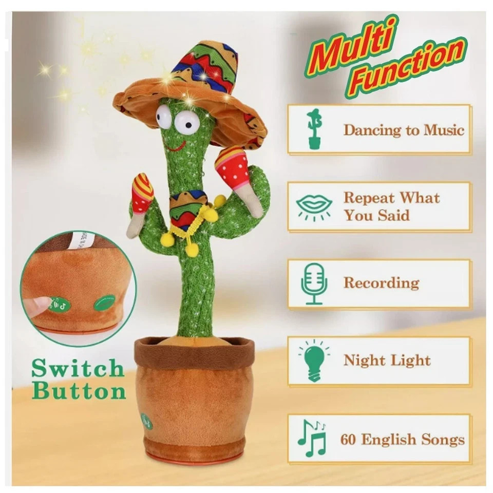 Dancing Cactus Repeat Talk Sing Glow Interactive Plush Toy for Kids ...