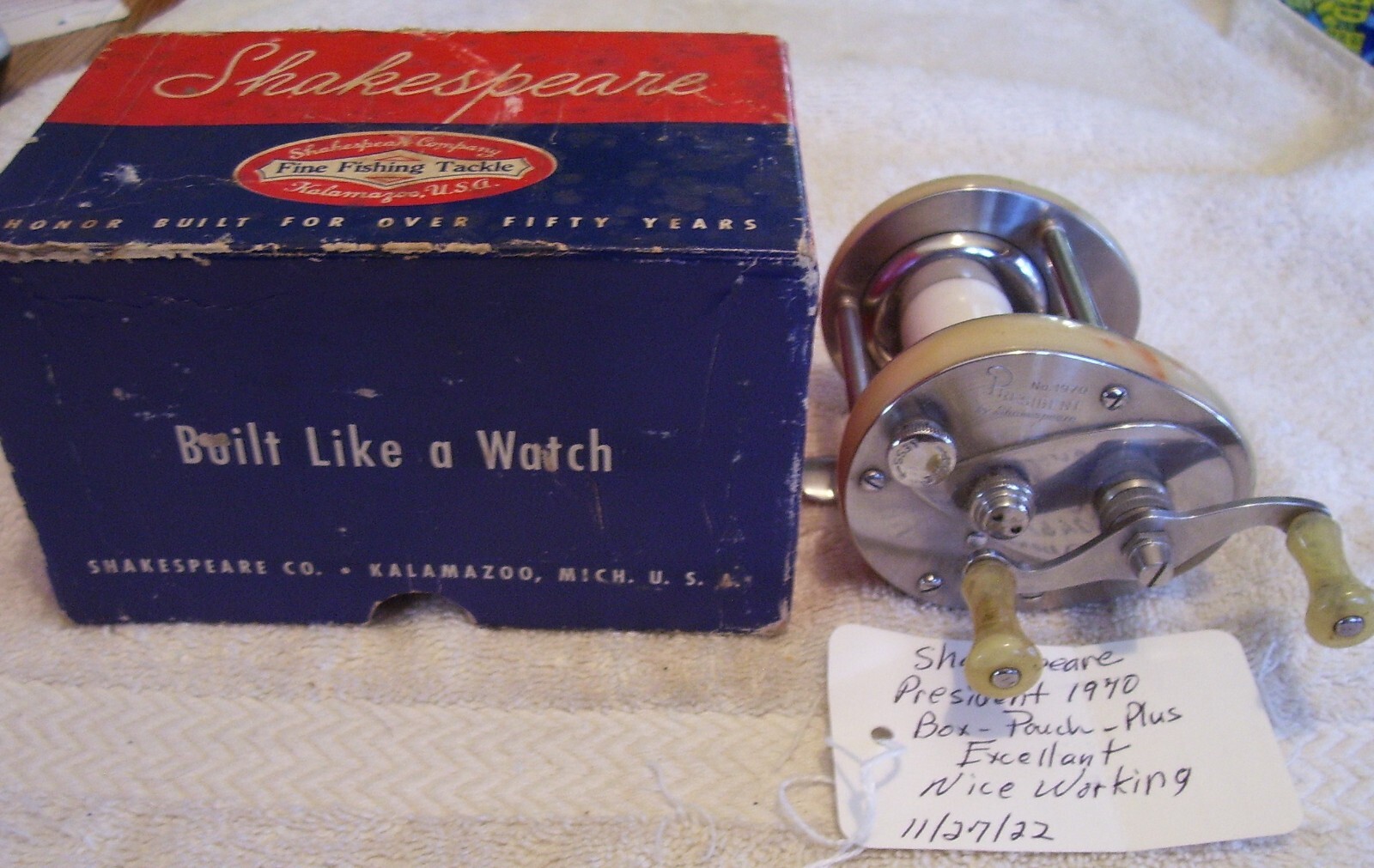 SHAKESPEARE PRESIDENT 1970 GD REEL 11/27/22P BOX POUCH WORKING SEE TAG ...