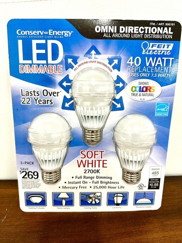 3-pack Feit Omni Directional 485 Lm A19 LED Dimmable Light Bulbs 40 ...