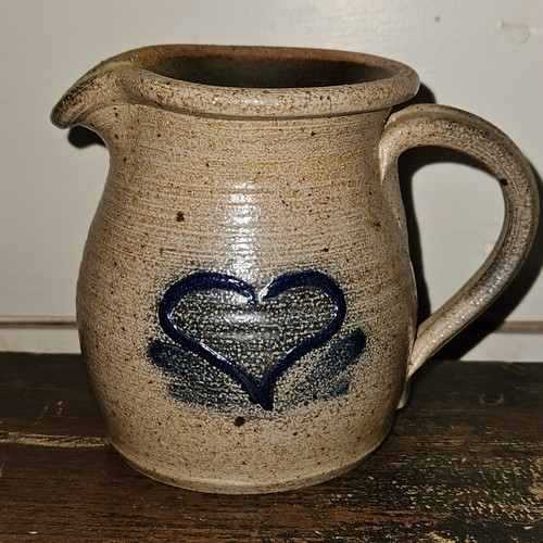Vintage Salt Glazed Art Pottery Pitcher w Blue Heart Signed 4.5 inches ...