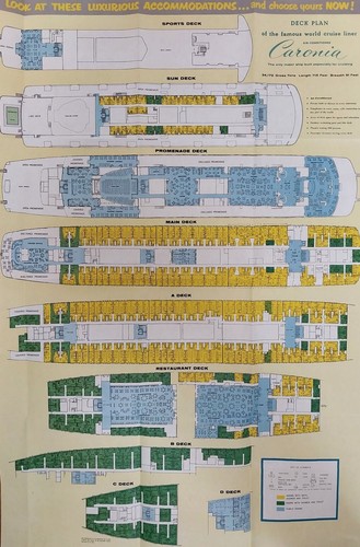 Vintage RMS Caronia Cunard Line cruise brochures, deck plan, post card ...