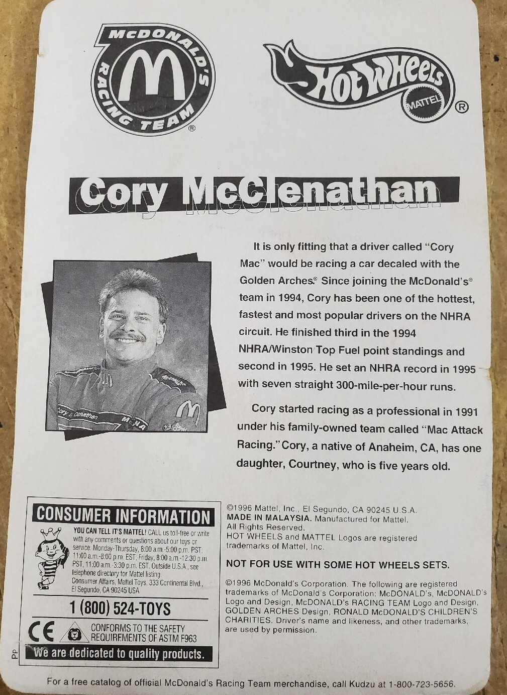 Cory Mac McDonald's Racing Team 16201 Dragster Hot Wheels Mattel 1996 ...