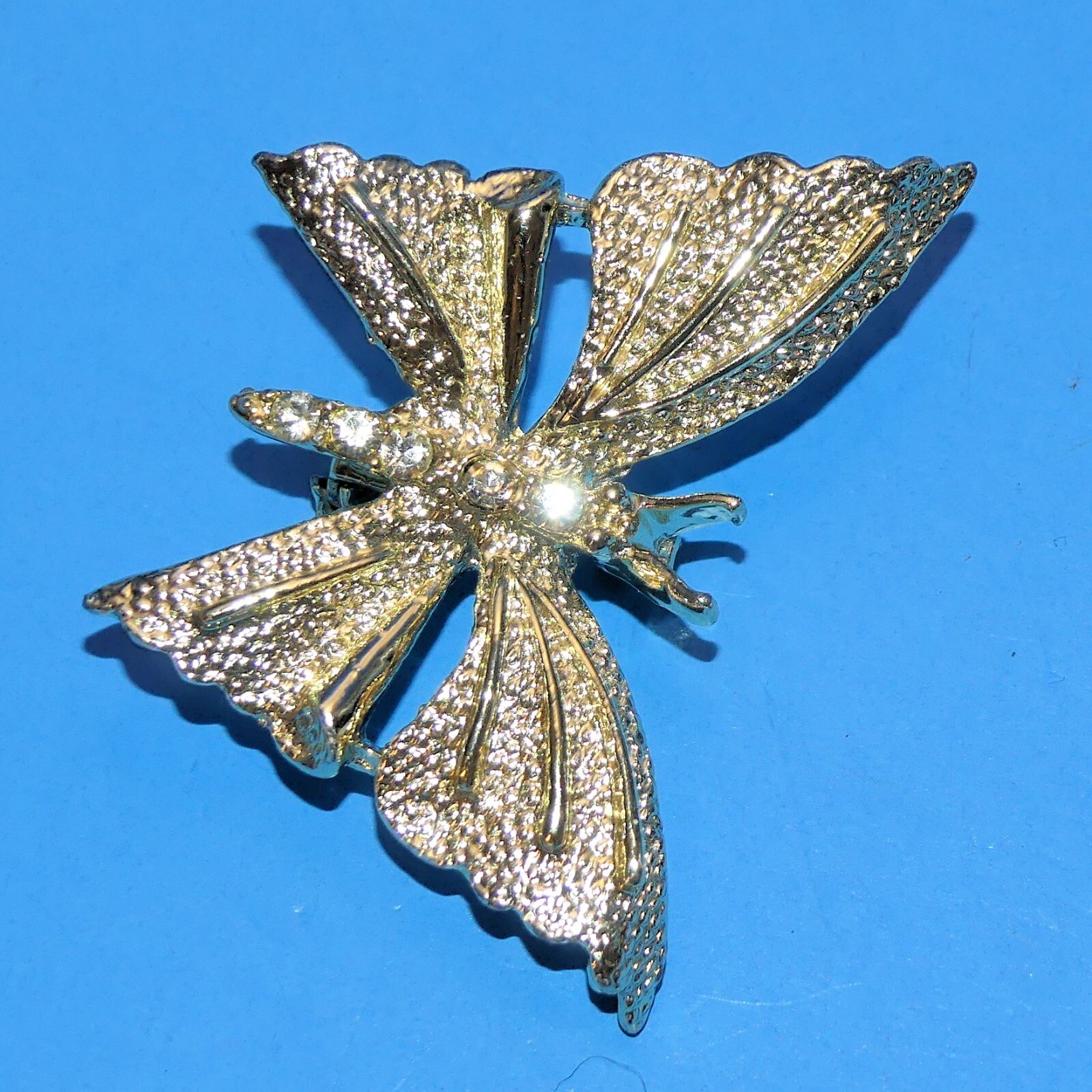 Vintage Gerry's Butterfly Brooch Pin Rhinestones Textured Gold Tone Bug ...