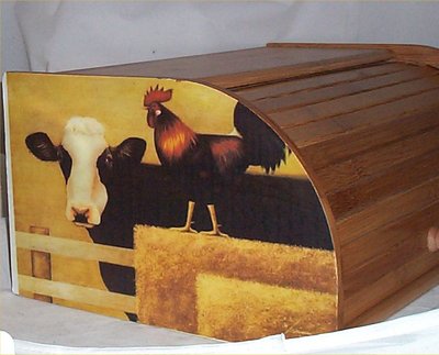 Cow Rooster Bread Box Bamboo Wood Country Farm Kitchen Roll Top Lodge ...