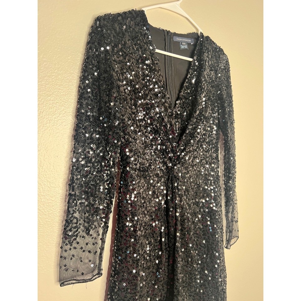 French Connection Emille Black Sequin Twist Front V Neck Long Sleeve ...