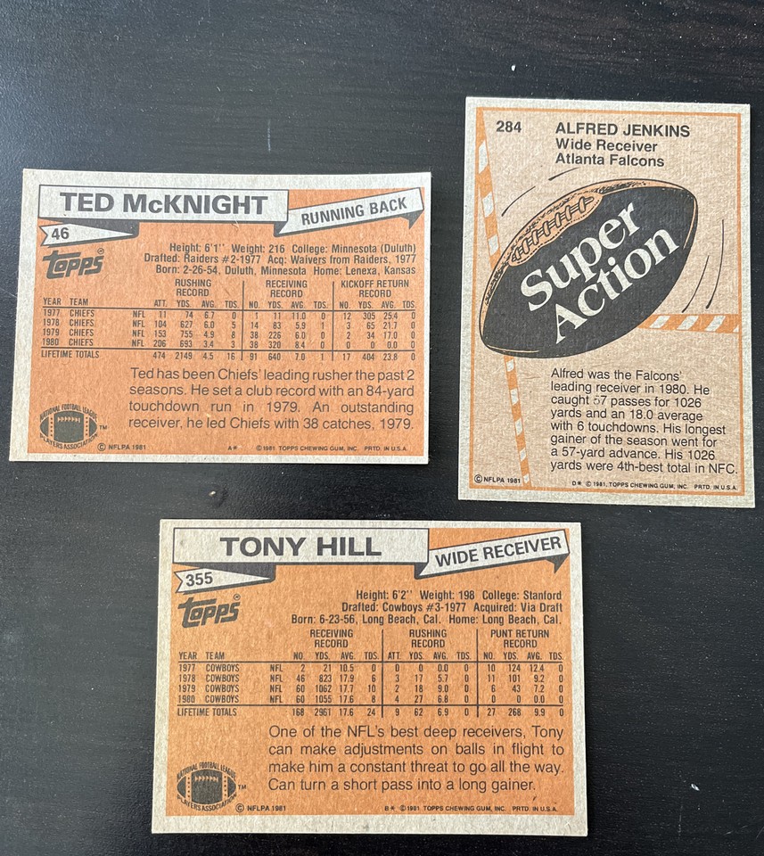 1981 Topps Football Card Lot Three Cards #355 Tony Hill #284 Alfred ...