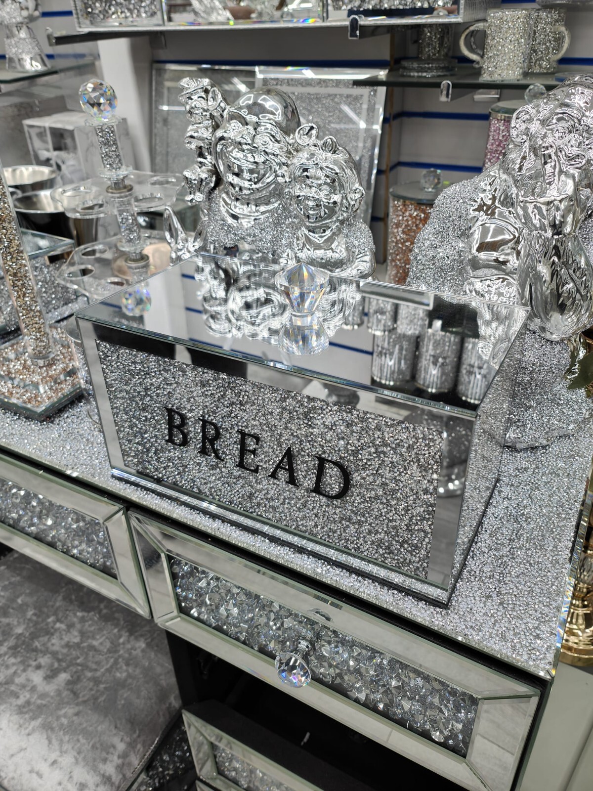 Silver Crushed Diamond Crystal Mirrored Bread Bin Container sparkly ...