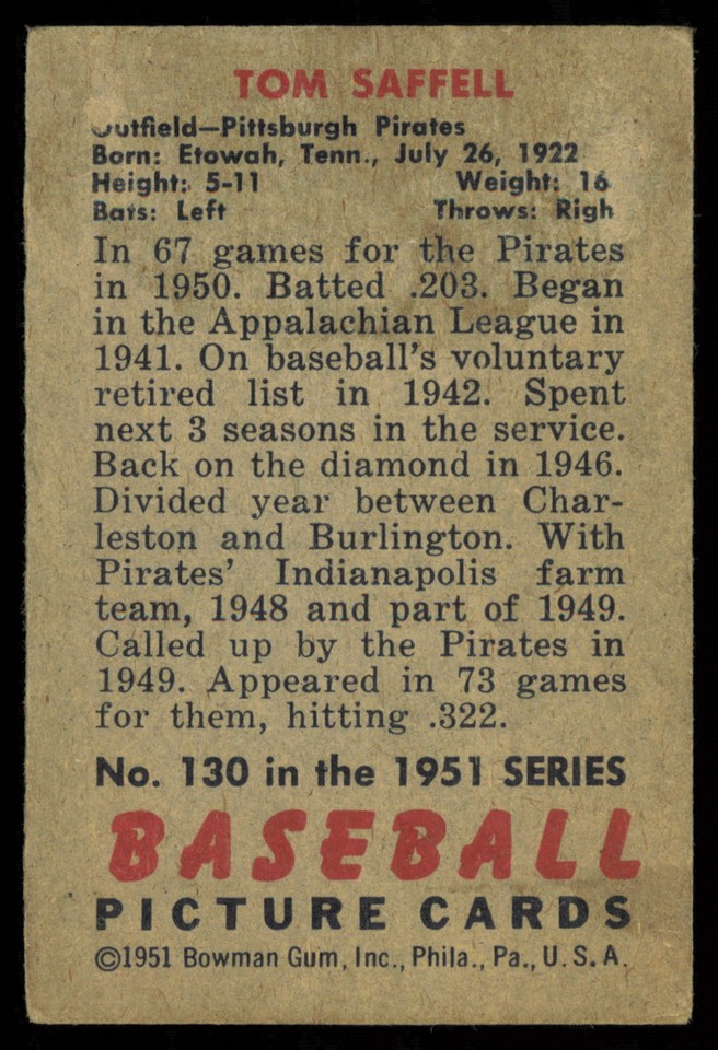 1951 Bowman #130 Tom Saffell RC Pittsburgh Pirates | eBay
