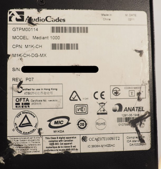 AudioCodes Mediant 1000 VoIP IP Media Gateway M1k-ch-dg-mx Gtpm00114 ...