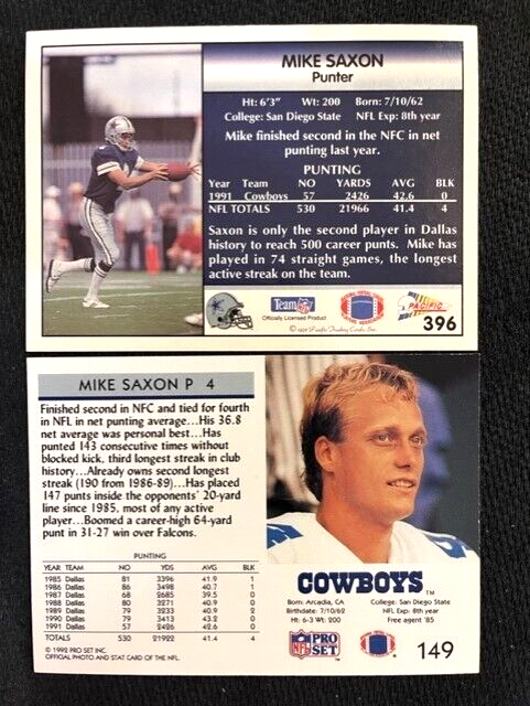 NFL - Mike Saxon 1992 Pacific & 1992 Pro Set Football - Cowboys | eBay