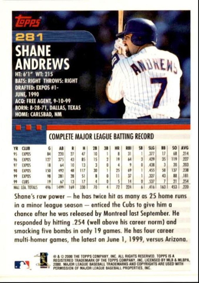 2000 Topps Baseball Card Shane Andrews Chicago Cubs #281 | eBay