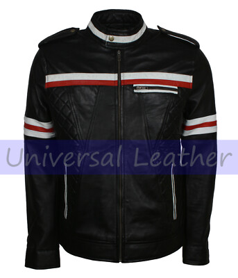 Mens Black Racing Biker Jacket Red White Stripes Real Leather ...