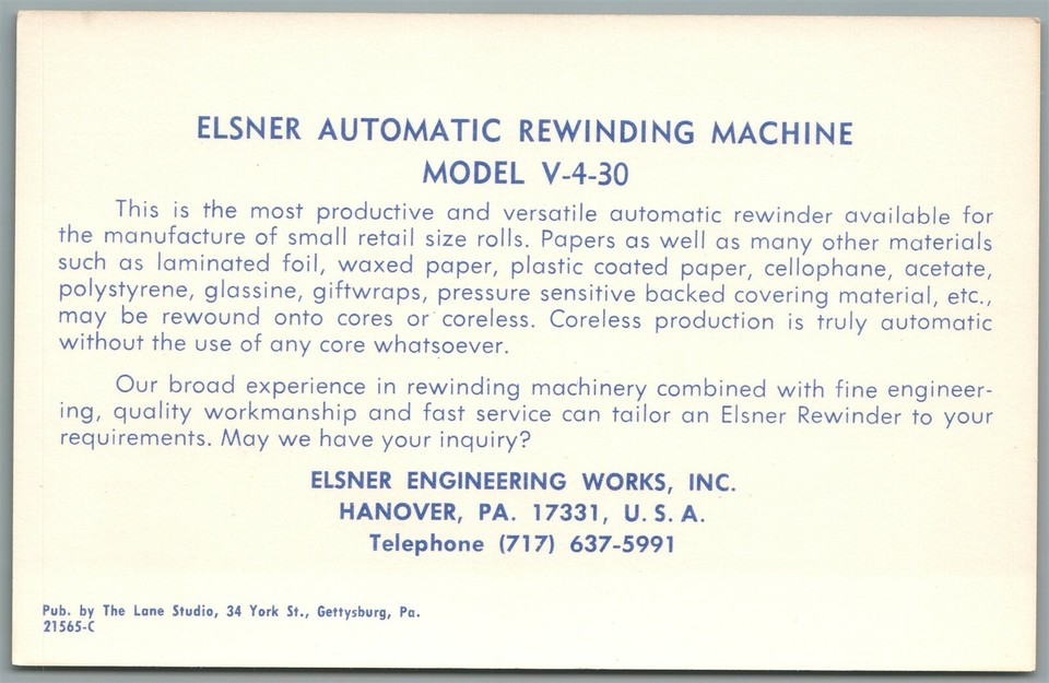 HANOVER PA ELSNER REWINDING MACHINE ADVERTISING VINTAGE POSTCARD | eBay