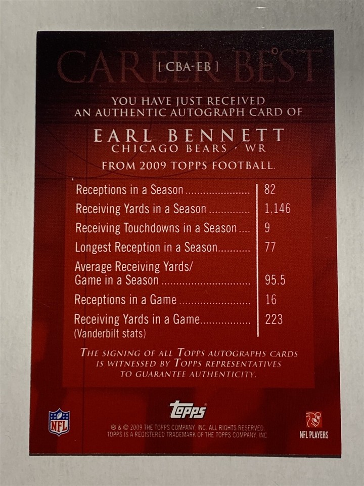 EARL BENNETT bears 2009 Topps Career Best AUTO Autograph (U1)-3 | eBay
