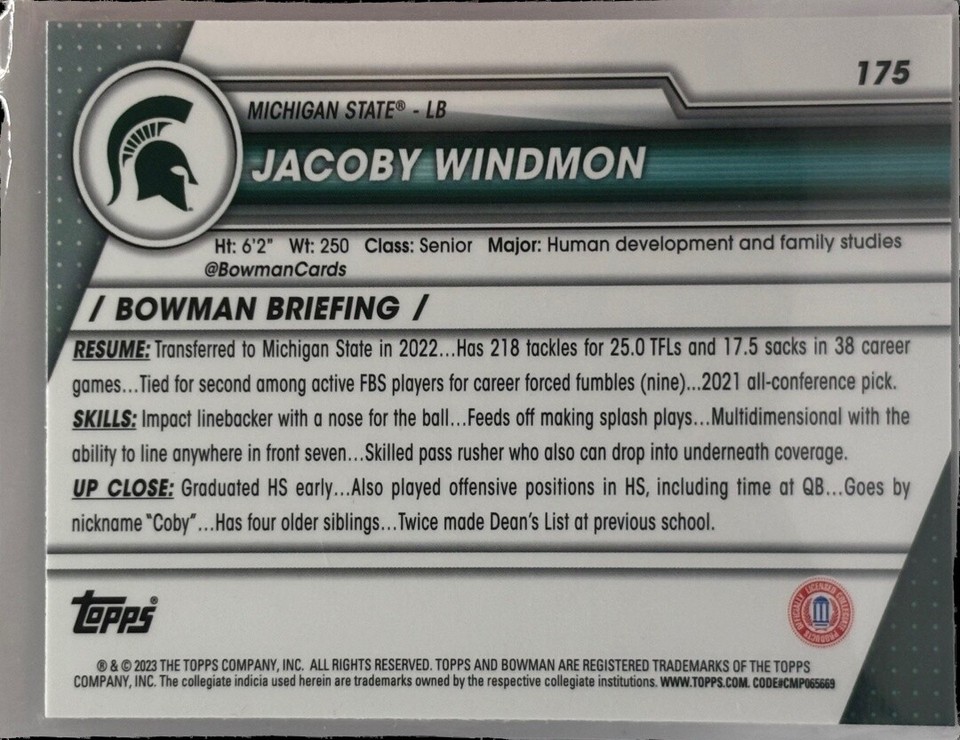 2023 Bowman University Chrome Jacoby Windmon X Fractor #175 | eBay