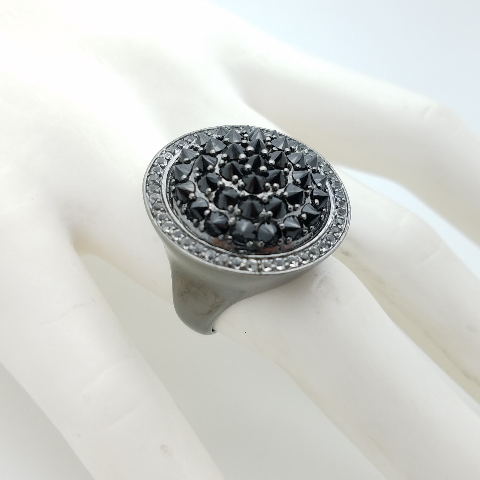 Blackened Sterling Silver 925 Spiky Black Spinel White Gem Dome Ring ...